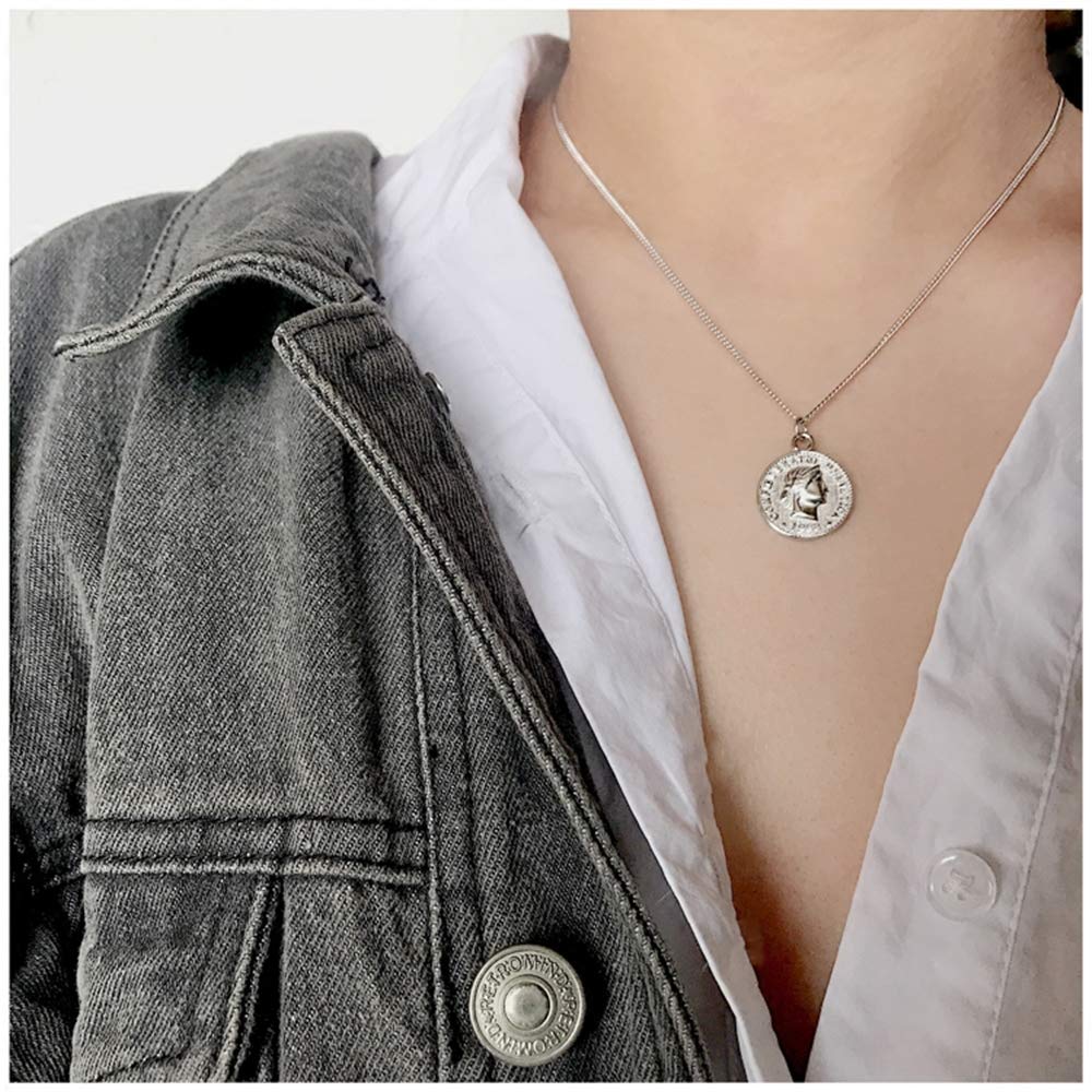 Dtja Carved Coin Pendant Necklace for Women Men 18K White Gold Plated Simple Round Chain Goddess Worship Celebrity Medal Reversible Keepsake Chic Choker Fashion Jewelry Gifts Box