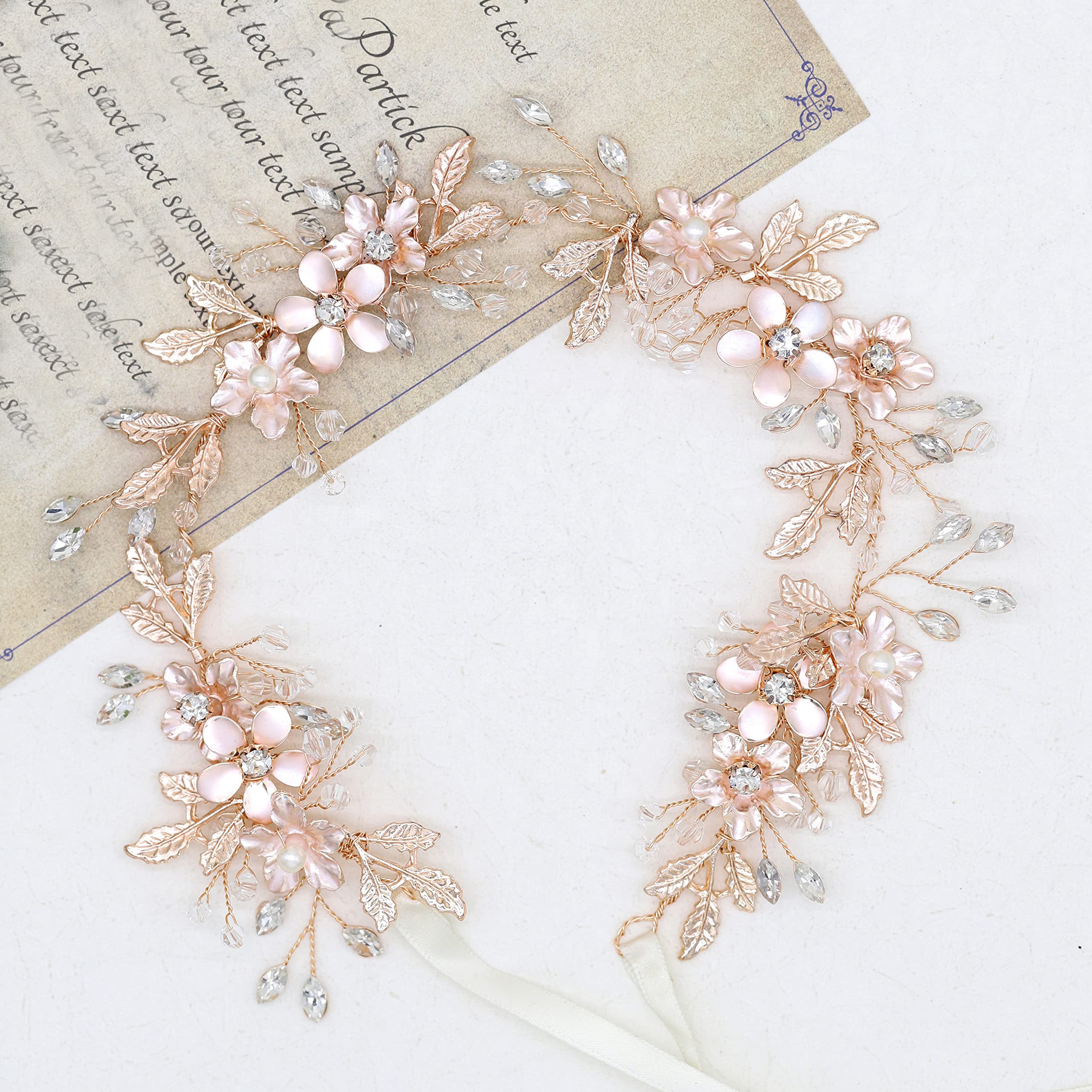 Braveamor Rose Gold Bridal Hair Vine Bohemian Style Wedding Headpiece Crystal Pearl Headband Flower Leaves Halo Wedding Hair Accessories