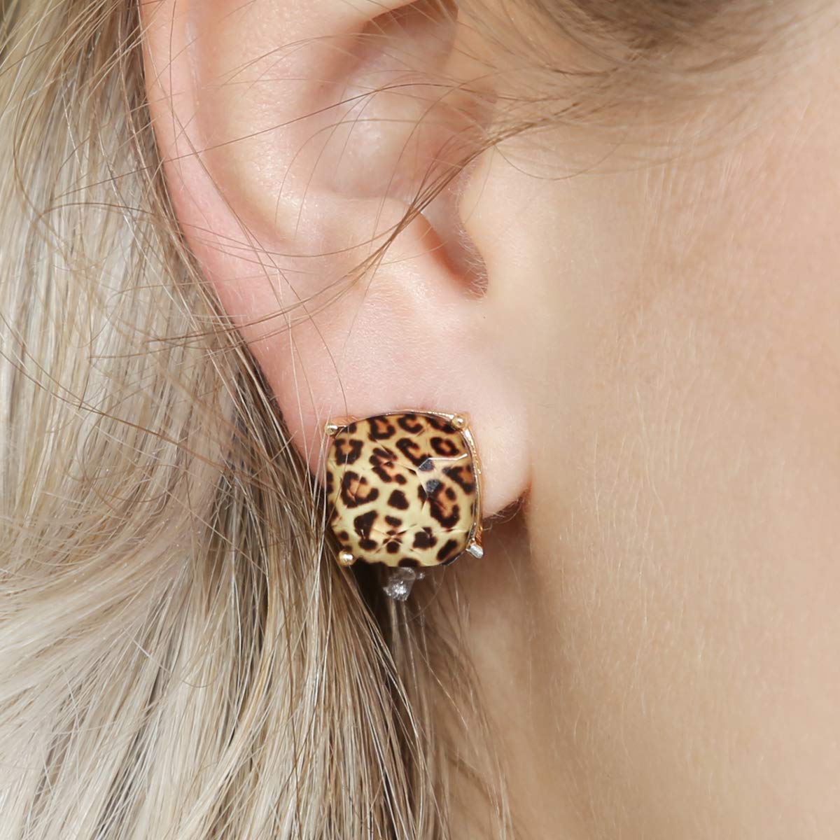 Faceted Jewel Statement Stud Earrings - Square Cushion Cut Sparkly, Opalescent Animal Leopard Print (Cushion Leopard Square - Gold 2)