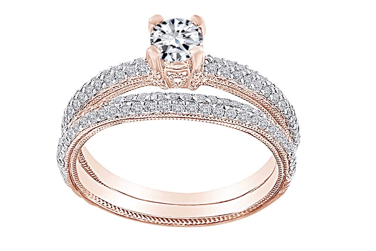 AFFY 0.85 Carat Round Shape White Natural Diamond Semi Mount Wedding Engagement Ring Set 18K Solid Rose Gold Ring Size-5