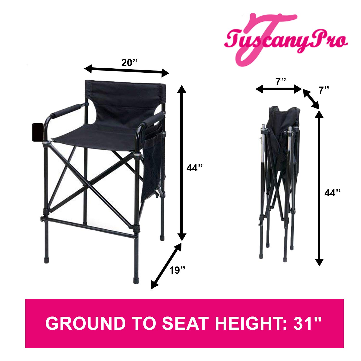 Tuscany Pro Houdini Tall Director Chair - Quad Style, Super Compact Telescopic Folding Design with Jet Black, Anodized Aluminum Frame - Your Name/Logo Imprinted