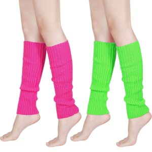 syhood 80s women knit leg warmers ribbed leg warmers for party accessories (rose red, fluorescent green, 2)