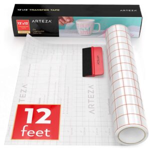 arteza ultra clear transfer tape paper with grid & squeegee, 12 inch wide x 12 foot long roll, for alignment & transfer of adhesive vinyl for decals, signs, walls, windows & smooth surfaces