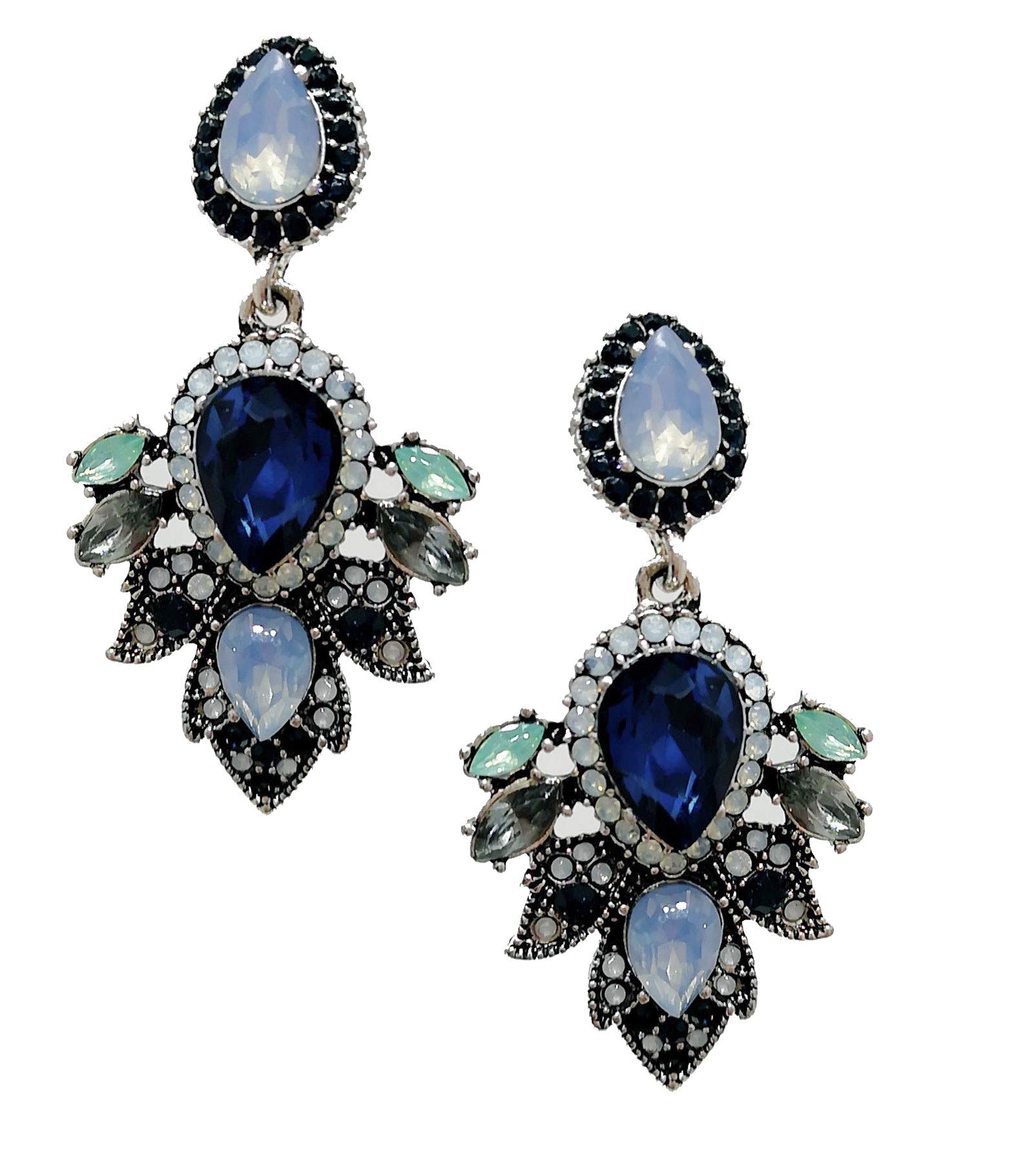 Large Art Deco Antique Vintage Style Navy Baby Blue Sapphire Opal Rhinestone Bridal Bridesmaid Wedding Prom Pageant Statement Earrings