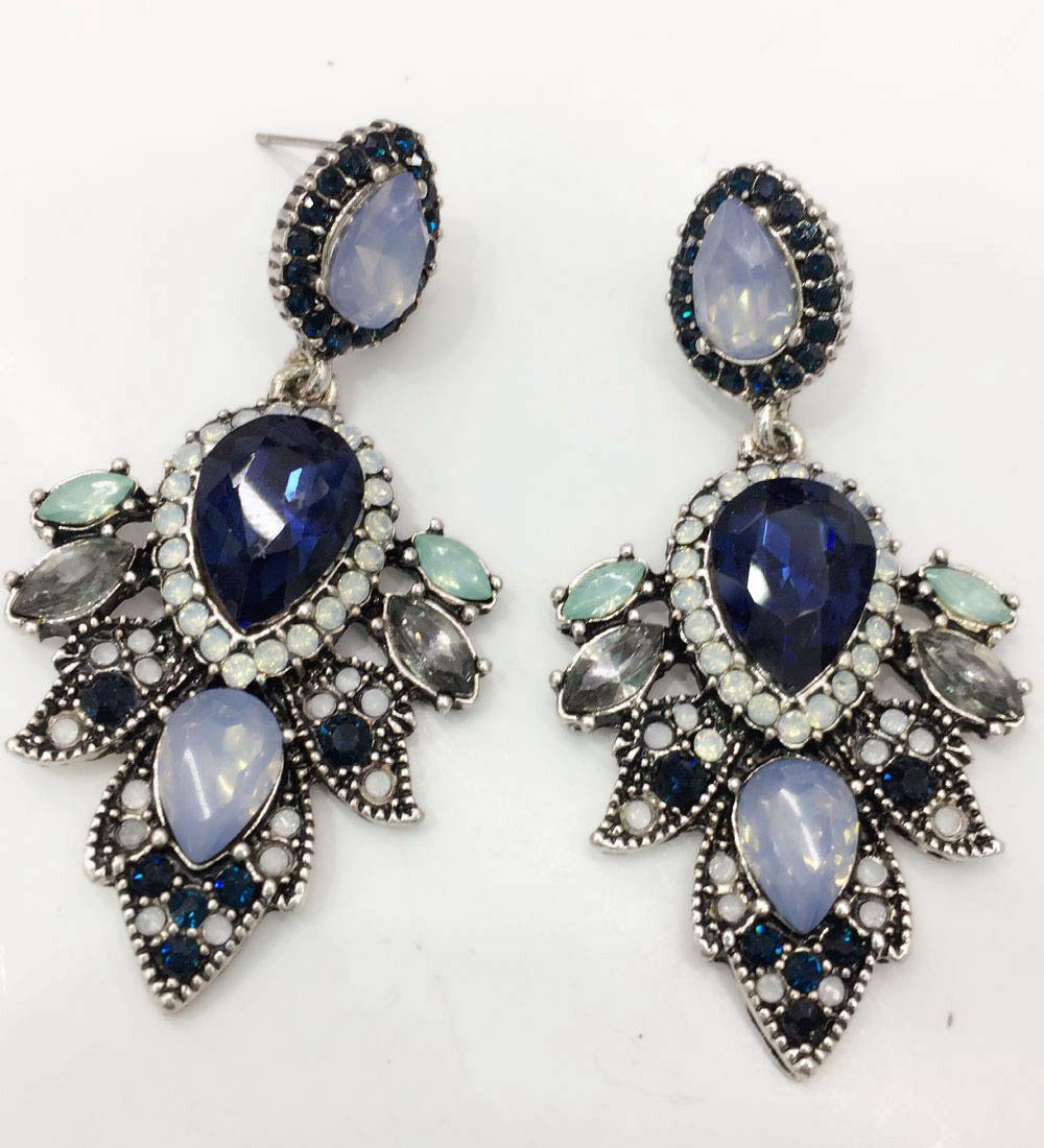 Large Art Deco Antique Vintage Style Navy Baby Blue Sapphire Opal Rhinestone Bridal Bridesmaid Wedding Prom Pageant Statement Earrings