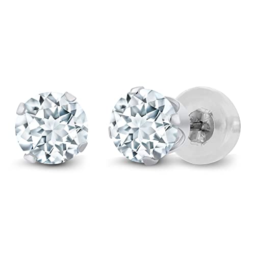 Gem Stone King 14K White Gold Sky Blue Aquamarine Stud Earrings For Women (0.80 Cttw, Gemstone Birthstone, Round 5MM)