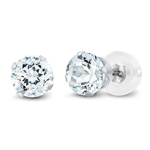 Gem Stone King 14K White Gold Sky Blue Aquamarine Stud Earrings For Women (0.80 Cttw, Gemstone Birthstone, Round 5MM)