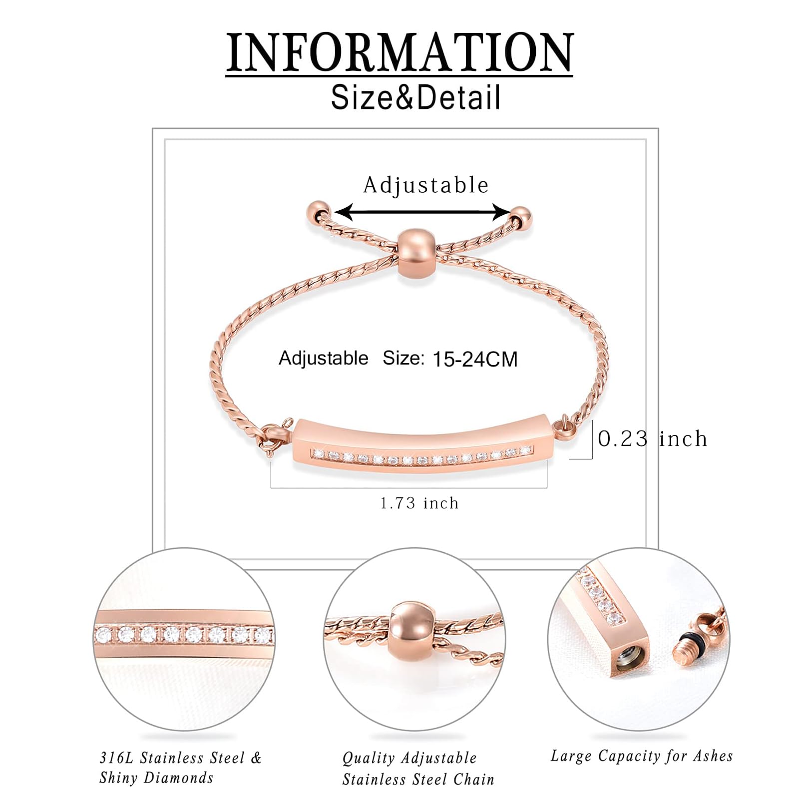 Hearbeingt Memorial Ashes Bracelet,Cremation Jewelry Urn Bracelet for Ashes Adjustable Classic Crystal Keepsake Bangle for Women(Rose Gold)