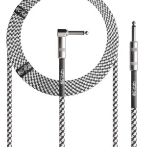 mophead 15-foot guitar instrument cable - 1/4 inch ts to 1/4 inch ts right angle pro grade double insulated tweed braided for electric guitar, bass, amp, keyboard (black and white)