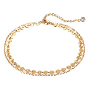 dremmy studios dainty gold ankle bracelets coin anklet for women, 14k gold plated double layered disc link chain anklets jewelry