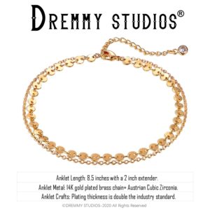 Dremmy Studios Dainty Gold Ankle Bracelets Coin Anklet for Women, 14k Gold Plated Double Layered Disc Link Chain Anklets Jewelry