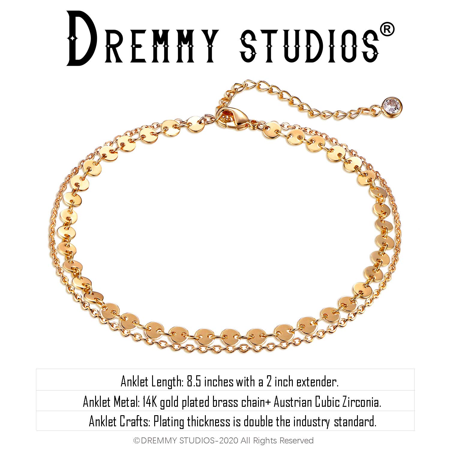 Dremmy Studios Dainty Gold Ankle Bracelets Coin Anklet for Women, 14k Gold Plated Double Layered Disc Link Chain Anklets Jewelry