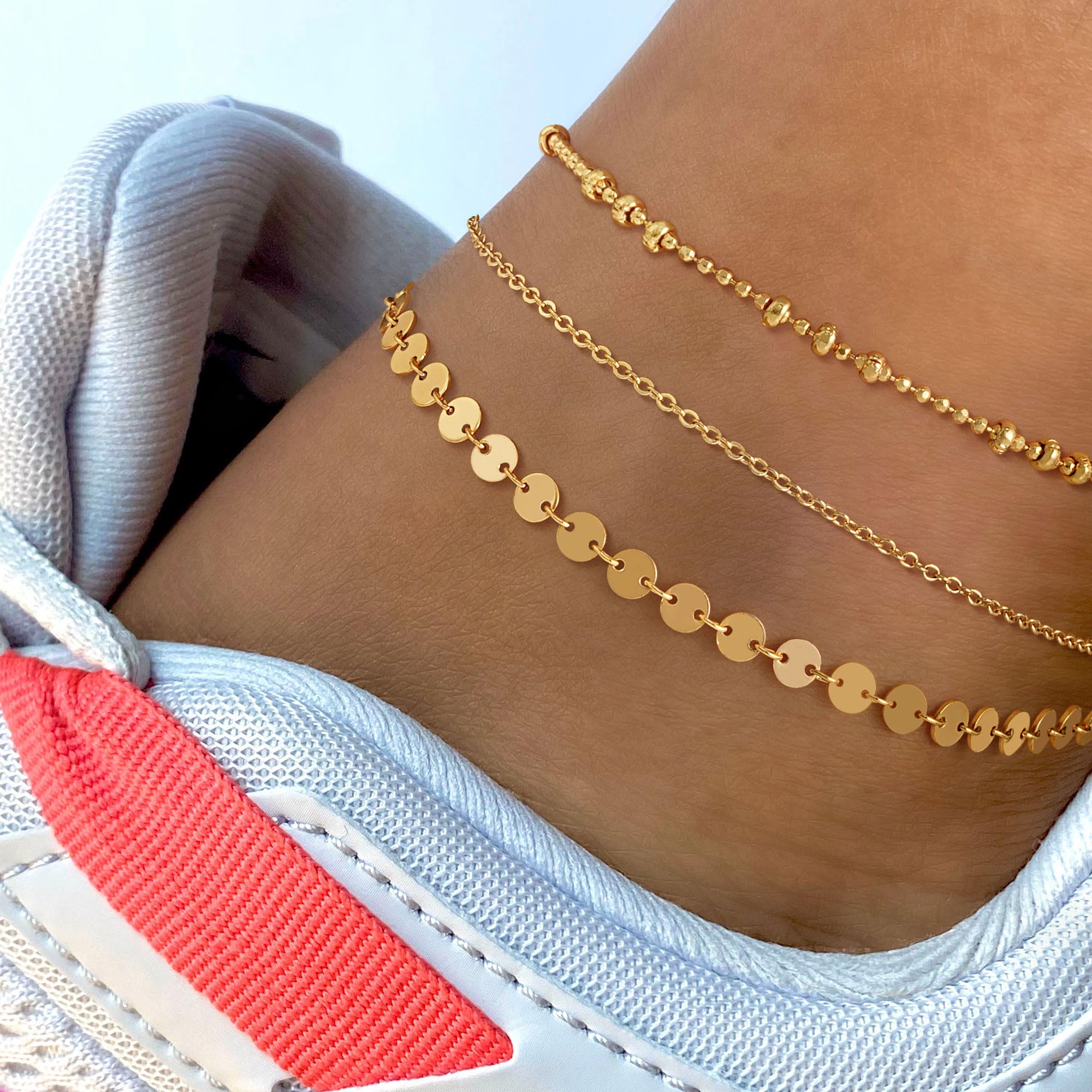 Dremmy Studios Dainty Gold Ankle Bracelets Coin Anklet for Women, 14k Gold Plated Double Layered Disc Link Chain Anklets Jewelry