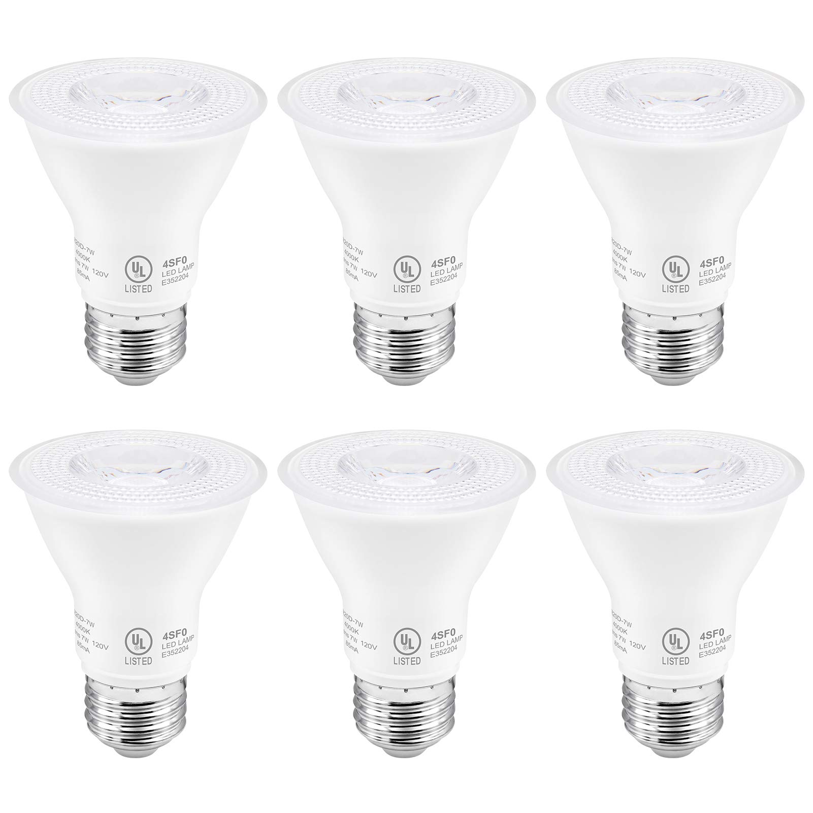 YGS-Tech 6 Pack PAR20 LED Light Bulbs, 7W Dimmable Flood Bulbs (50W Equivalent), LED Spotlight Bulb, 4000K Nature White, CRI80+, 500 Lumens, E26 Base, 25,000 HRS, Indoor/Outdoor - UL Listed