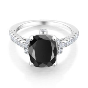 gem stone king 925 sterling silver black onyx and white created sapphire ring | 10x8mm cushion cut gemstone birthstone ring for women | 3.14 cttw | available in size 5, 6, 7, 8, 9