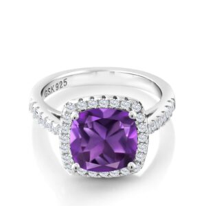 gem stone king 925 sterling silver purple amethyst and white created sapphire engagement ring for women (2.60 cttw, 8mm cushion cut, gemstone birthstone, available in size 5, 6, 7, 8, 9)