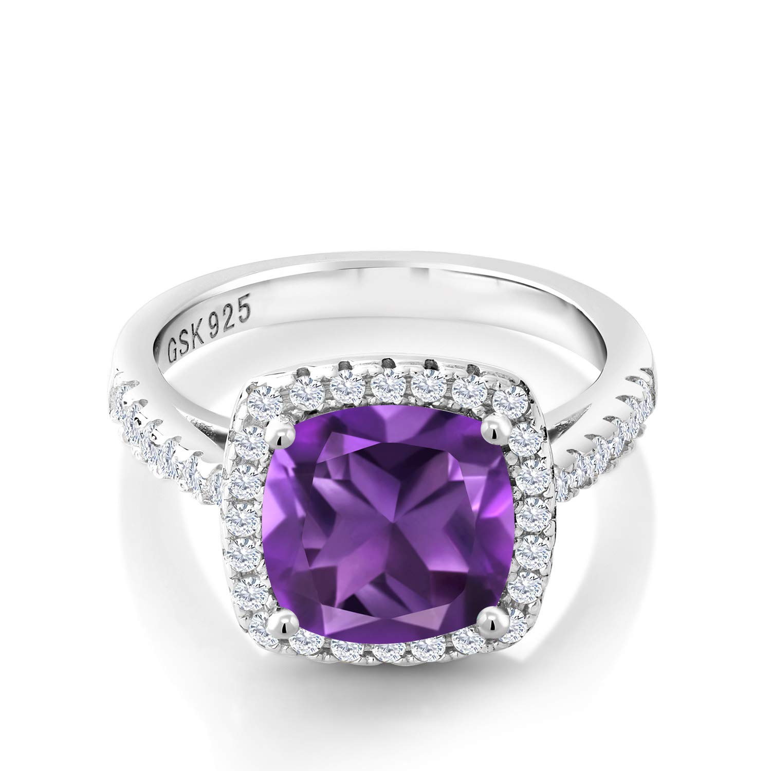 Gem Stone King 925 Sterling Silver Purple Amethyst and White Created Sapphire Engagement Ring For Women (2.60 Cttw, 8MM Cushion Cut, Gemstone Birthstone, Available in size 5, 6, 7, 8, 9)