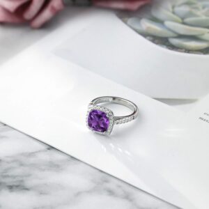 Gem Stone King 925 Sterling Silver Purple Amethyst and White Created Sapphire Engagement Ring For Women (2.60 Cttw, 8MM Cushion Cut, Gemstone Birthstone, Available in size 5, 6, 7, 8, 9)