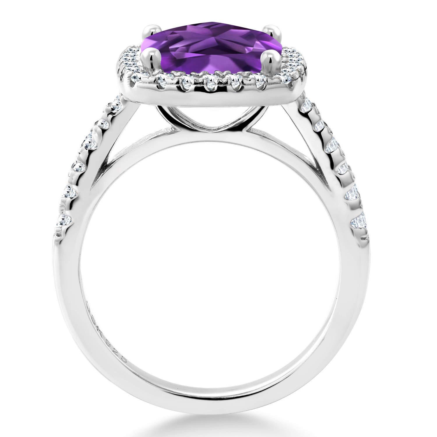 Gem Stone King 925 Sterling Silver Purple Amethyst and White Created Sapphire Engagement Ring For Women (2.60 Cttw, 8MM Cushion Cut, Gemstone Birthstone, Available in size 5, 6, 7, 8, 9)