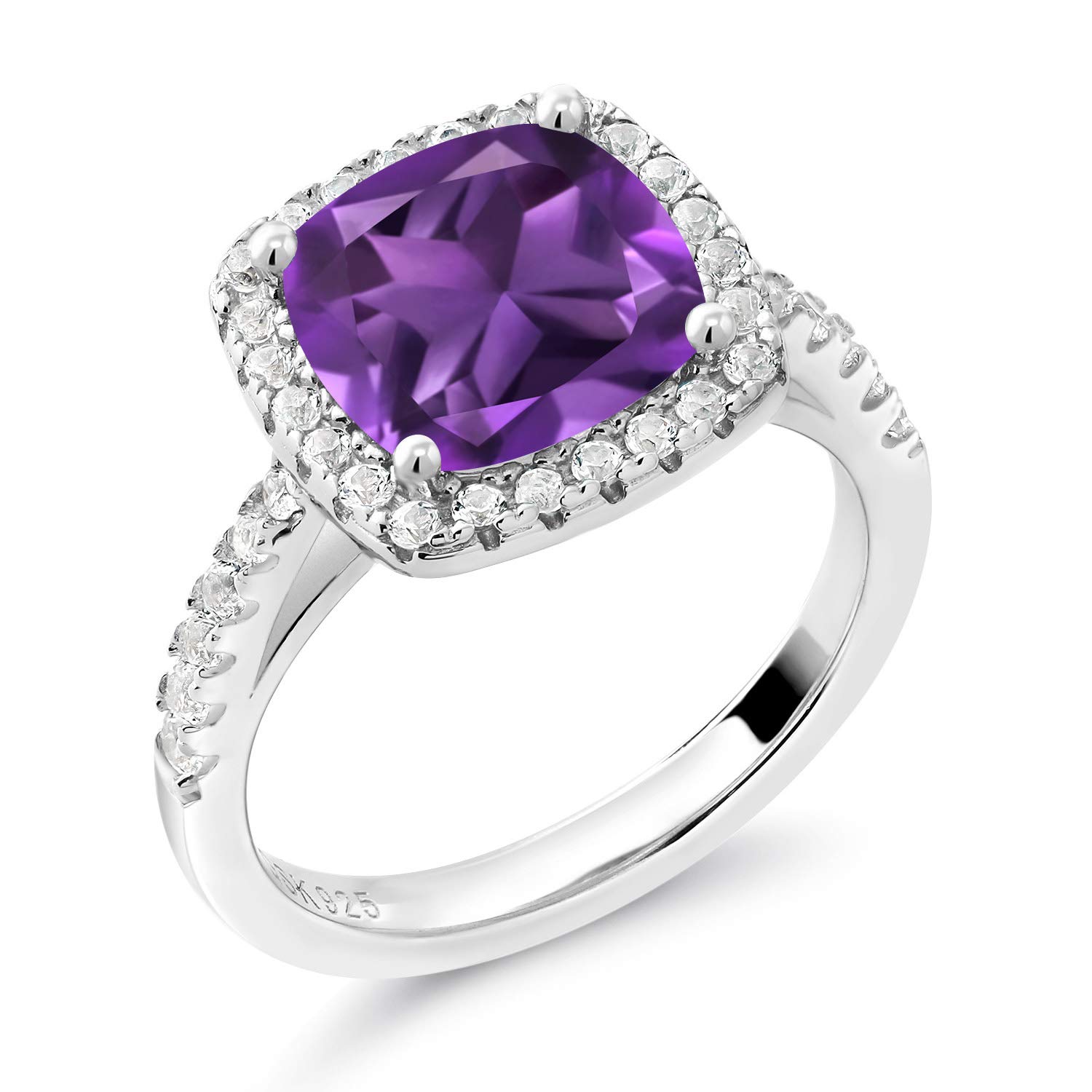 Gem Stone King 925 Sterling Silver Purple Amethyst and White Created Sapphire Engagement Ring For Women (2.60 Cttw, 8MM Cushion Cut, Gemstone Birthstone, Available in size 5, 6, 7, 8, 9)