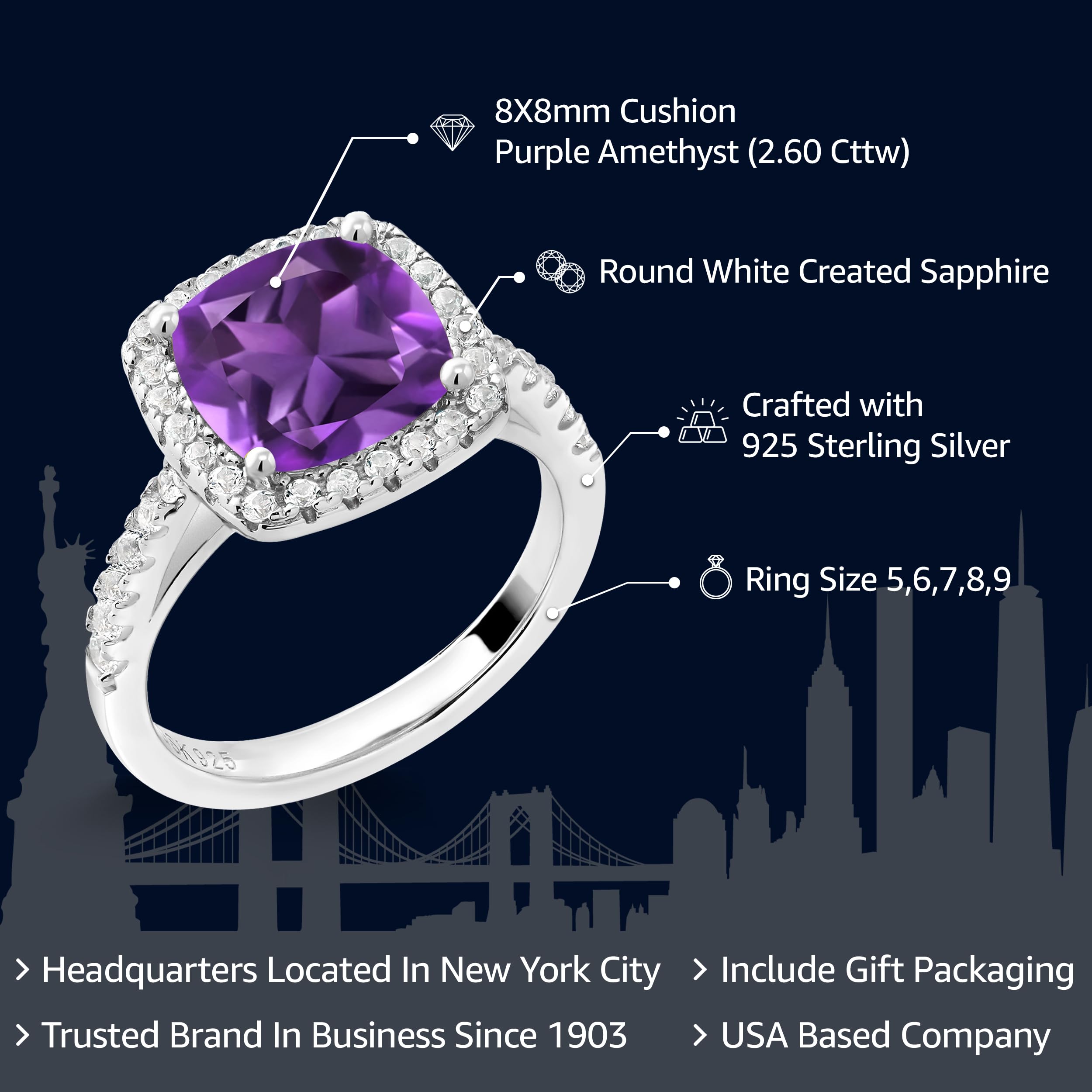 Gem Stone King 925 Sterling Silver Purple Amethyst and White Created Sapphire Engagement Ring For Women (2.60 Cttw, 8MM Cushion Cut, Gemstone Birthstone, Available in size 5, 6, 7, 8, 9)