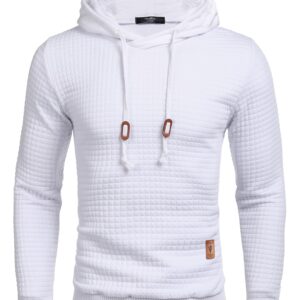 COOFANDY Men's Casual Hoodies Sweatshirt Hipster Gym Long Sleeve Drawstring Plaid Jacquard Pullover Hooded White