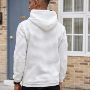 COOFANDY Men's Casual Hoodies Sweatshirt Hipster Gym Long Sleeve Drawstring Plaid Jacquard Pullover Hooded White