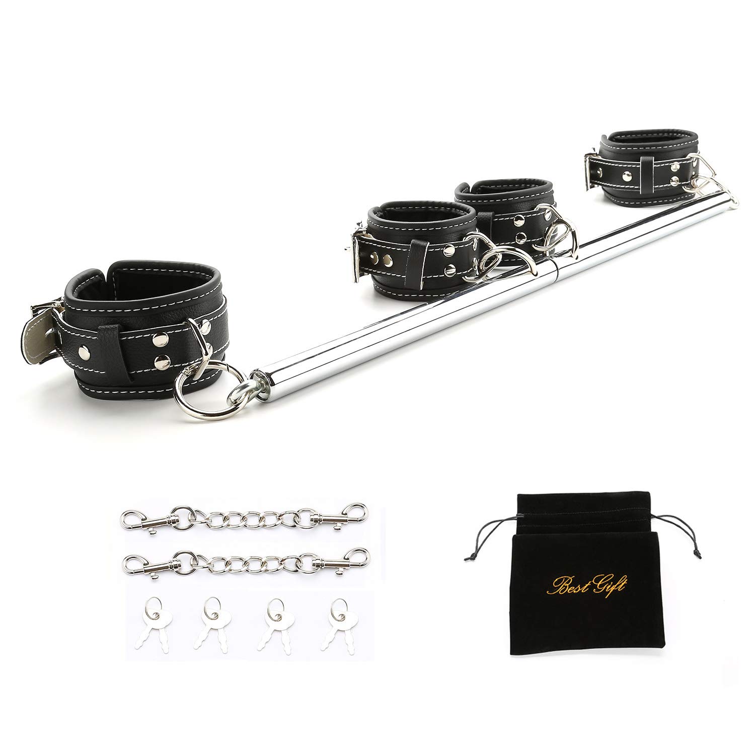 EXREIZST Adjustable Metal Spreader Bar and Leather Straps Set Black (Black 1)