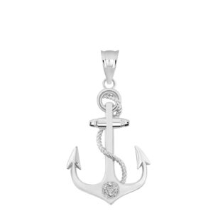 certified 14k white gold polished and textured nautical anchor with rope diamond charm pendant