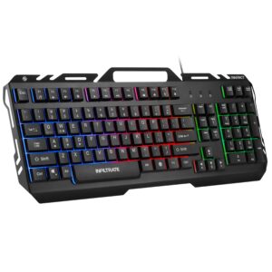 enhance infiltrate kl2 membrane gaming keyboard - quiet keyboard with 3 multi color led lighting modes, turbo input mode, anti-ghosting, 19 key roll over, slim low profile metal design