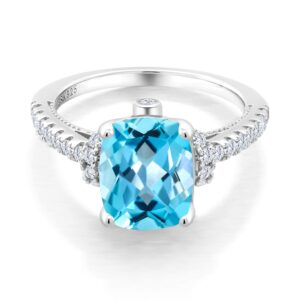 gem stone king 4.00 cttw swiss blue topaz and white created sapphire engagement ring for women set in 925 sterling silver | 10x8mm cushion cut | available in size 5, 6, 7, 8, 9