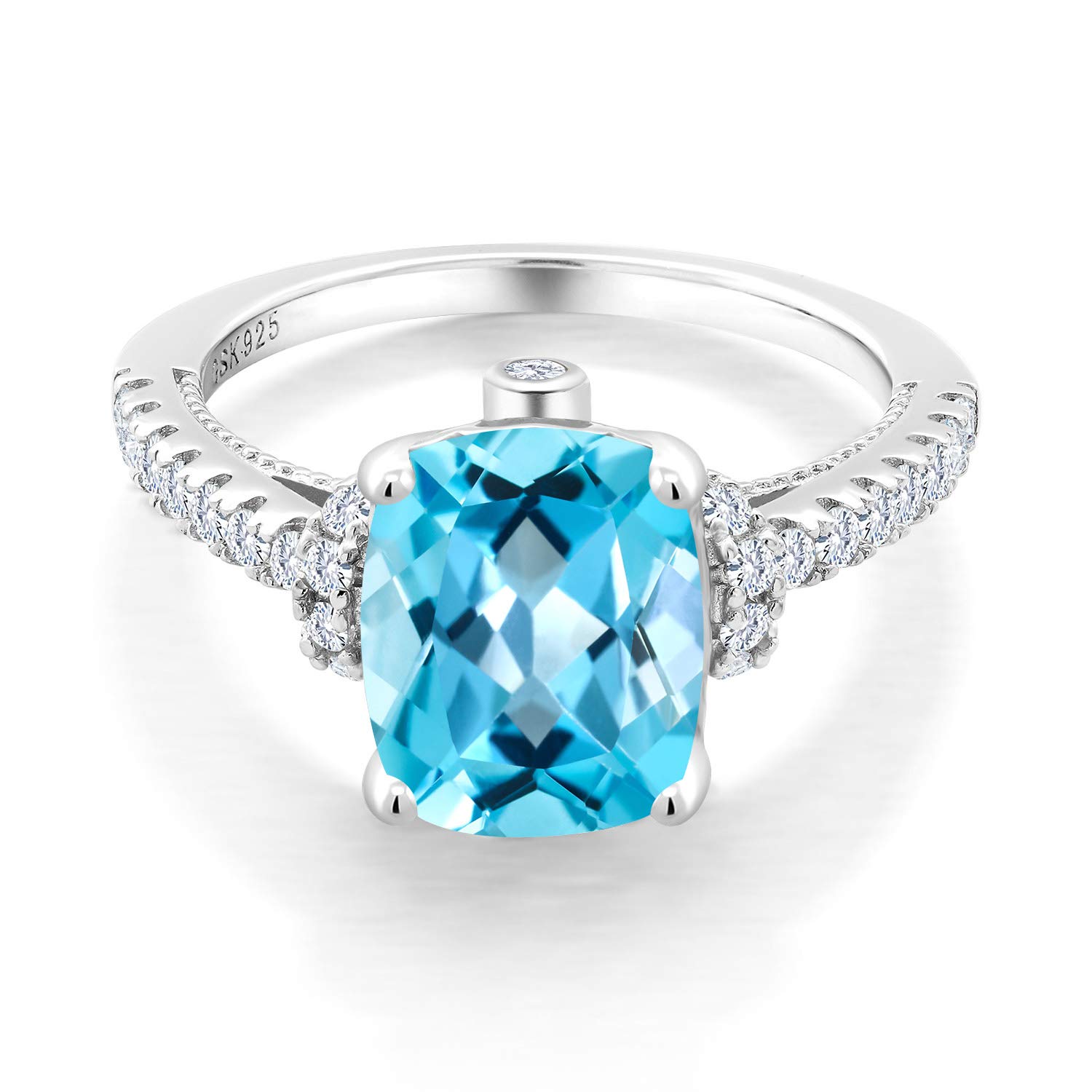 Gem Stone King 4.00 Cttw Swiss Blue Topaz and White Created Sapphire Engagement Ring For Women Set In 925 Sterling Silver | 10X8MM Cushion Cut | Available in size 5, 6, 7, 8, 9