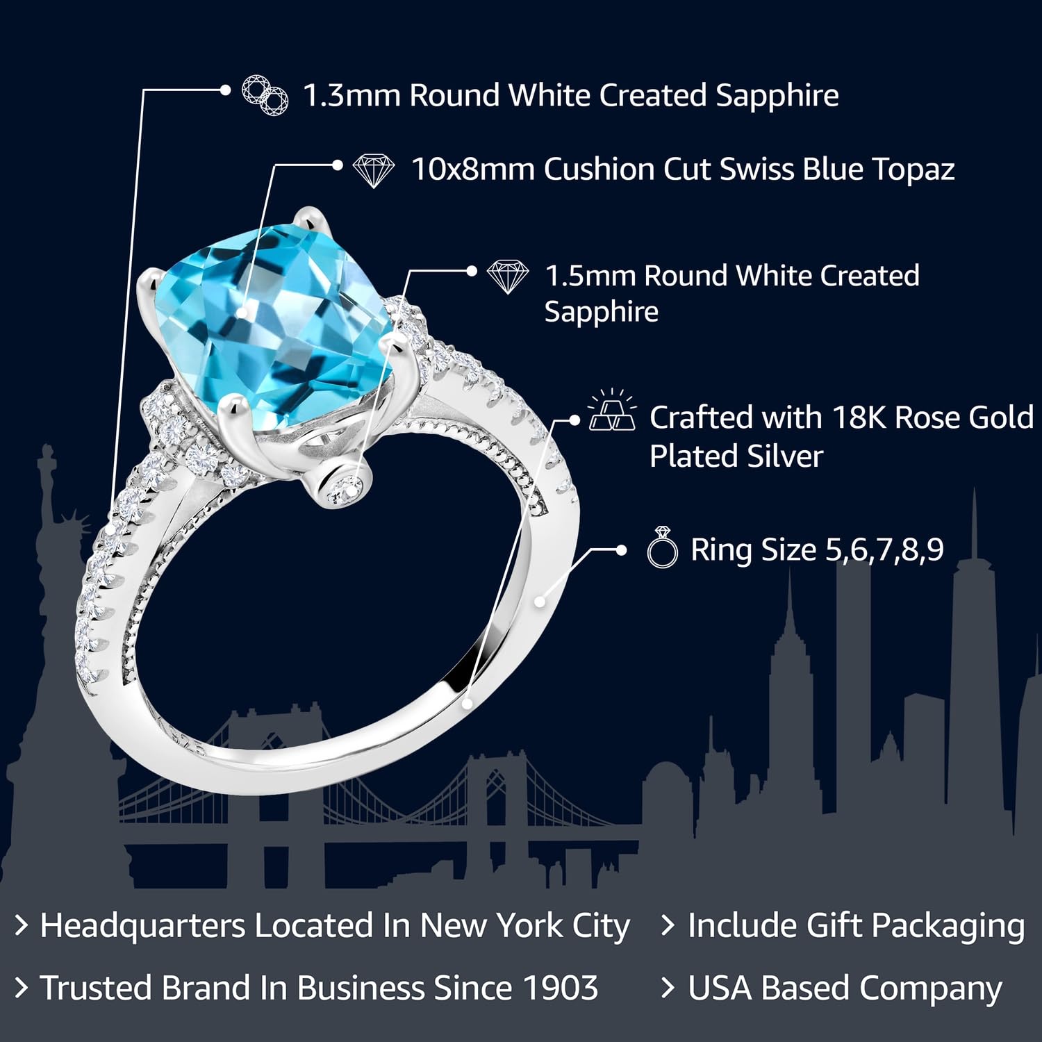 Gem Stone King 4.00 Cttw Swiss Blue Topaz and White Created Sapphire Engagement Ring For Women Set In 925 Sterling Silver | 10X8MM Cushion Cut | Available in size 5, 6, 7, 8, 9