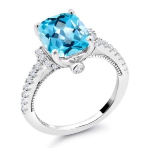 Gem Stone King 4.00 Cttw Swiss Blue Topaz and White Created Sapphire Engagement Ring For Women Set In 925 Sterling Silver | 10X8MM Cushion Cut | Available in size 5, 6, 7, 8, 9