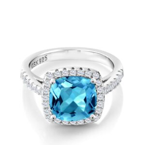 gem stone king 925 sterling silver swiss blue topaz and white created sapphire engagement ring for women (2.80 cttw, cushion cut 8mm, available in size 5, 6, 7, 8, 9)