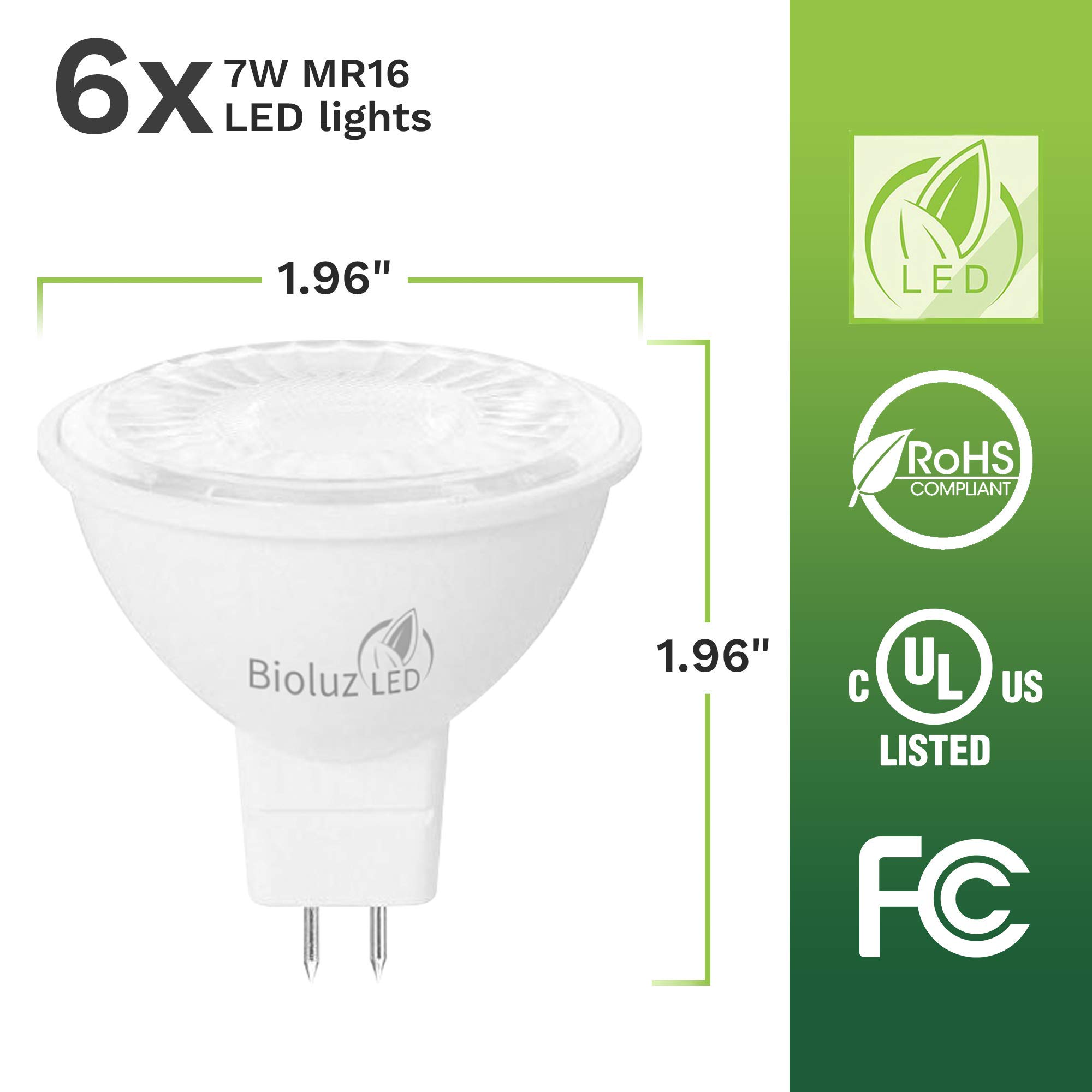 Bioluz LED 6 Pack MR16 LED Bulb 50W Halogen Replacement Non-Dimmable 7w 3000K 12v AC/DC UL Listed Pack of 6