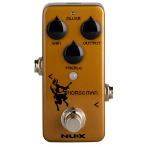 nux horseman overdrive guitar effect pedal with gold and silver modes