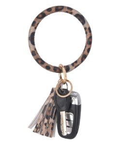 coolcos key ring bracelets wristlet keychain bangle keyring - large circle leather tassel bracelet holder for women gift (a leopard)