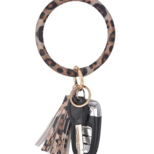 Coolcos Key Ring Bracelets Wristlet Keychain Bangle Keyring - Large Circle Leather Tassel Bracelet Holder For Women Gift (A Leopard)