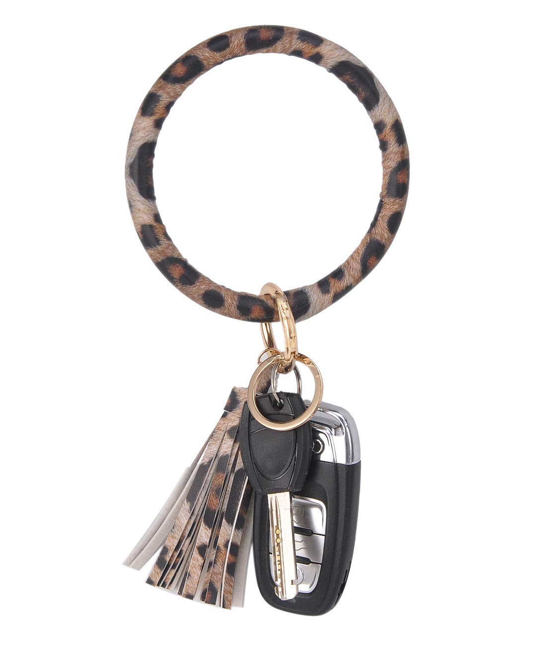 Coolcos Key Ring Bracelets Wristlet Keychain Bangle Keyring - Large Circle Leather Tassel Bracelet Holder For Women Gift (A Leopard)