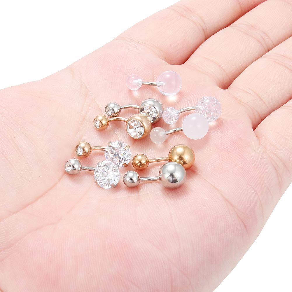 SCERRING 9PCS 16G 6mm 1/4 Inch 316L Surgical Steel Short Belly Button Rings Dangle Belly Earring CZ Navel Ring Barbell Body Piercing Silver & Rose Gold