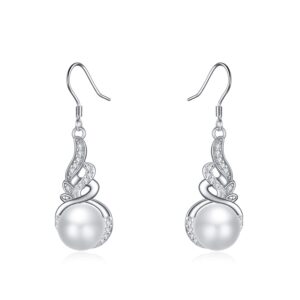 LONAGO Pearl Drop Earring White Pearl Dangle Earrings with Angel Wing Cubic Zirconia Silver Pearls Dangle Earring for Women