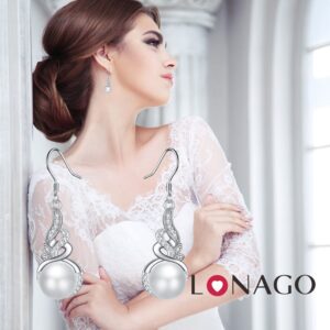 LONAGO Pearl Drop Earring White Pearl Dangle Earrings with Angel Wing Cubic Zirconia Silver Pearls Dangle Earring for Women