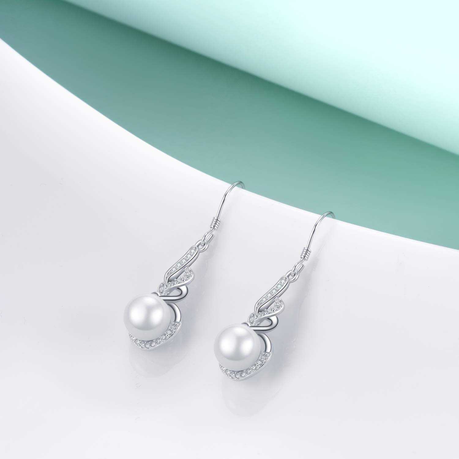 LONAGO Pearl Drop Earring White Pearl Dangle Earrings with Angel Wing Cubic Zirconia Silver Pearls Dangle Earring for Women