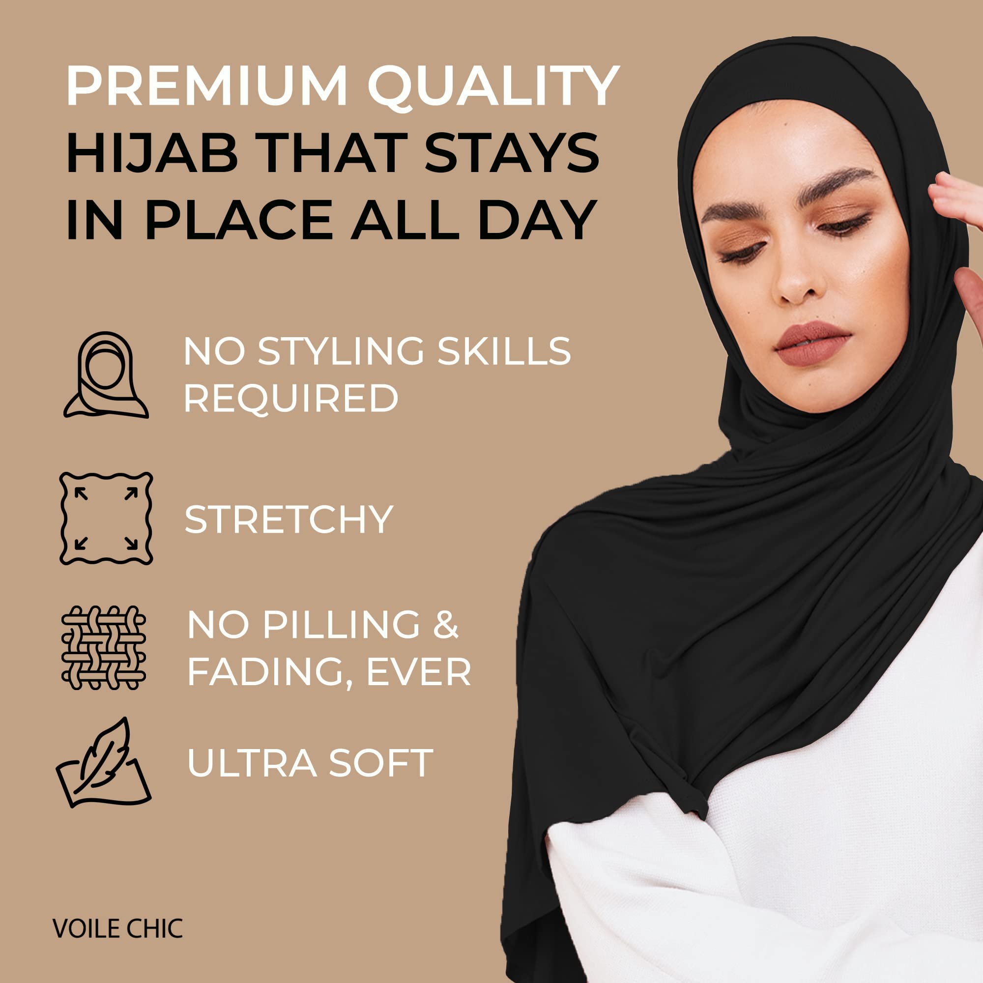 VOILE CHIC Instant Hijab Scarf For Women - Premium Jersey Head Scarf Wrap - Black