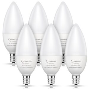 lohas e12 led candelabra light bulbs 60 watt equivalent, b10 chandelier candle bulbs 5000k daylight white, 6w type b ceiling fan bulbs 470lm, non-dimmable, 6 packs