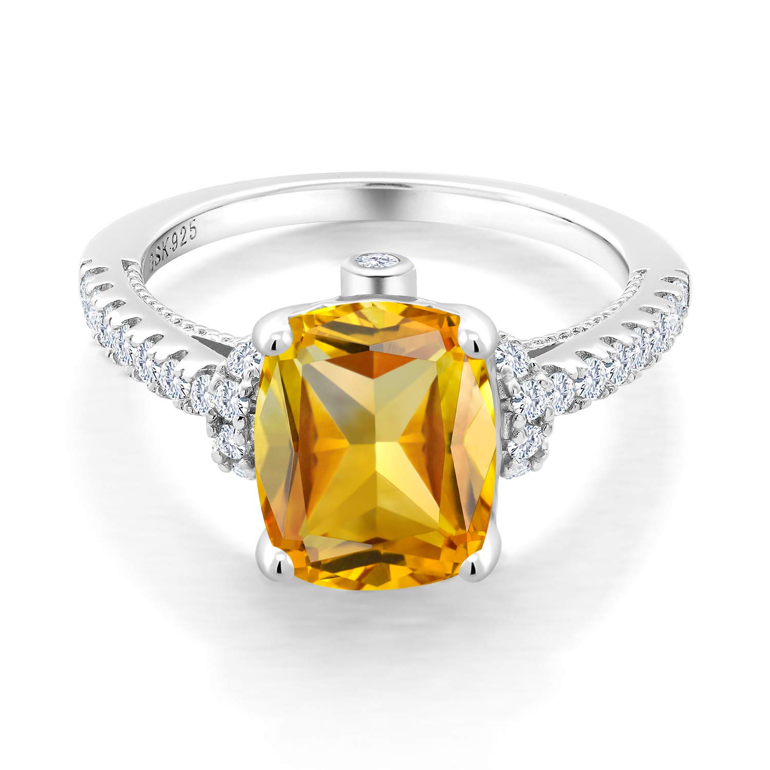 Gem Stone King 925 Sterling Silver Yellow Citrine and White Created Sapphire Ring For Women (3.25 Cttw, Cushion 10X8MM, Gemstone Birthstone, Available In Size 5, 6, 7, 8, 9)