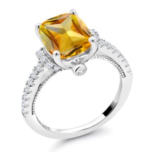 Gem Stone King 925 Sterling Silver Yellow Citrine and White Created Sapphire Ring For Women (3.25 Cttw, Cushion 10X8MM, Gemstone Birthstone, Available In Size 5, 6, 7, 8, 9)