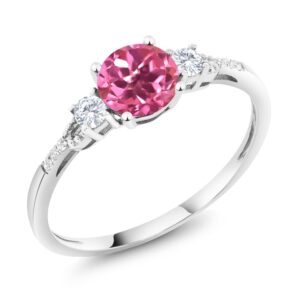 gem stone king 10k white gold pink mystic topaz white created sapphire and white diamond accent 3-stone engagement ring for women (1.15 cttw, round 6mm, gemstone november birthstone, size 6)