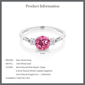 Gem Stone King 10K White Gold Pink Mystic Topaz White Created Sapphire and White Diamond Accent 3-Stone Engagement Ring For Women (1.15 Cttw, Round 6MM, Gemstone November Birthstone, Size 6)